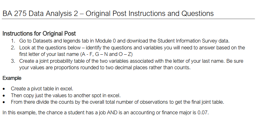 Solved BA 275 ﻿Data Analysis 2 - ﻿Original Post Instructions | Chegg.com