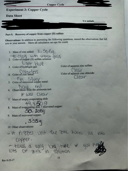 Department of Chemistry Copper Cycle Experiment 3: | Chegg.com