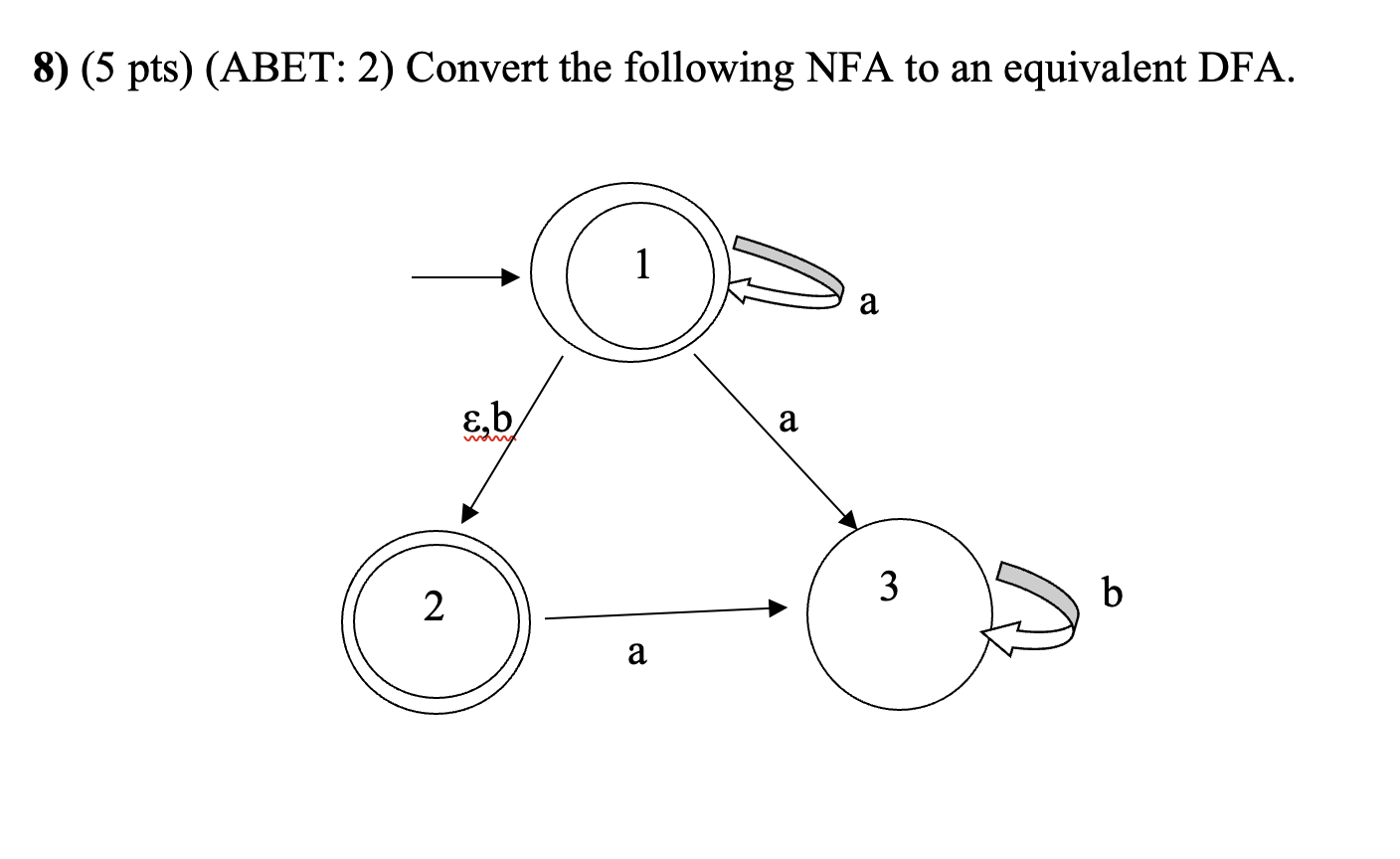Solved 8) (5 pts) (ABET: 2) Convert the following NFA to an | Chegg.com Solved 8) (5 pts) (ABET: 2) Convert the following NFA to an | Chegg.com
