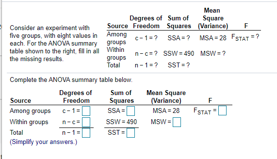 Solved Mean Degrees of Sum of Square Consider an experiment | Chegg.com