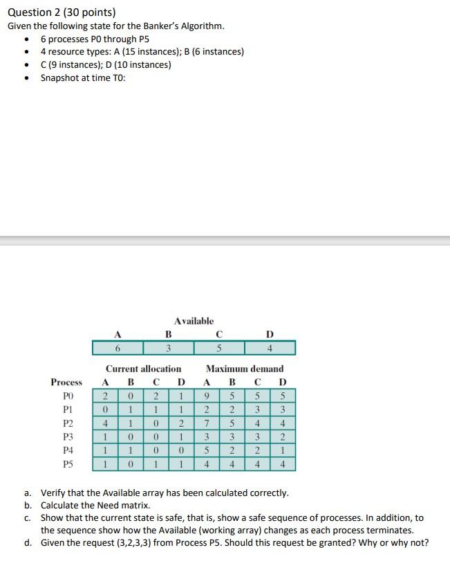 Question 2 (30 points) Given the following state for | Chegg.com