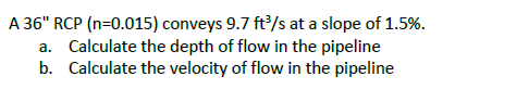 Solved A 36" RCP (n-0015) conveys 9.7 ft/s at a slope of | Chegg.com