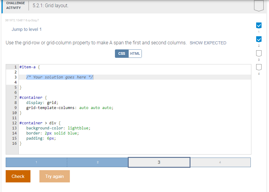 Solved CHALLENGE ACTIVITY 5.2.1: Grid layout | Chegg.com Solved CHALLENGE ACTIVITY 5.2.1: Grid layout | Chegg.com