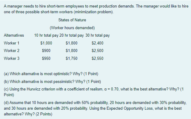 Solved A manager needs to hire short-term employees to meet | Chegg.com
