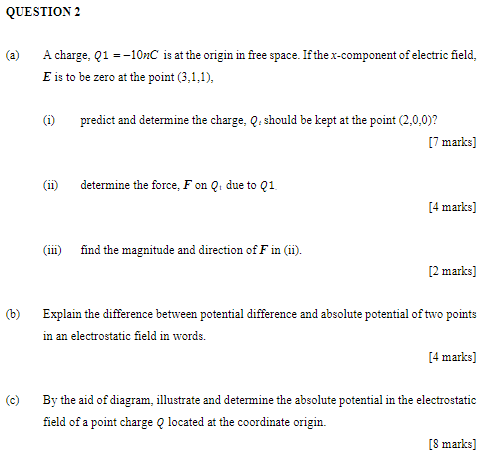 Solved QUESTION 2 (a) A charge, Q1 =-10nC is at the origin | Chegg.com