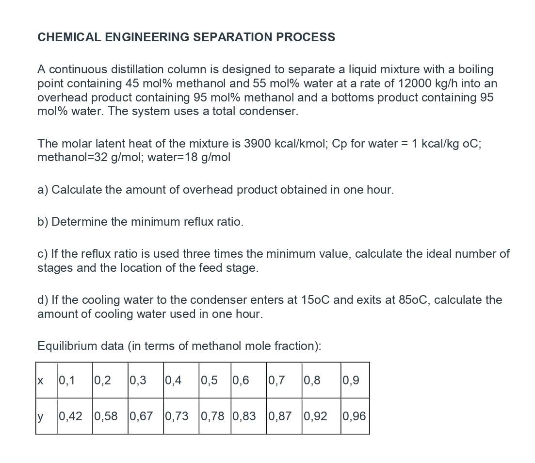 Solved CHEMICAL ENGINEERING SEPARATION PROCESS A continuous | Chegg.com