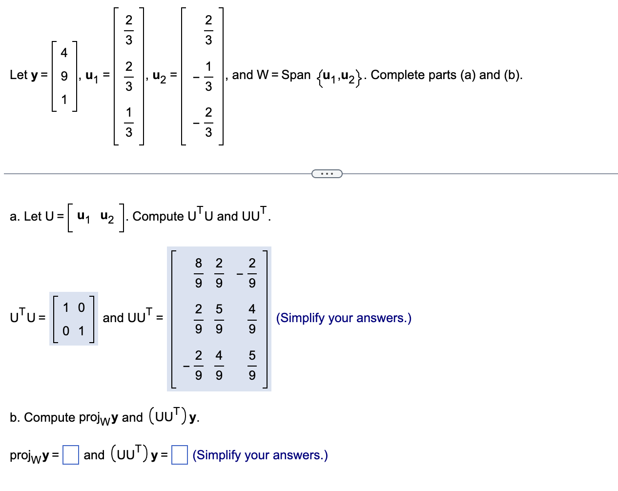 Solved Let y=⎣⎡491⎦⎤,u1=⎣⎡323231⎦⎤,u2=⎣⎡32−31−32⎦⎤, and | Chegg.com