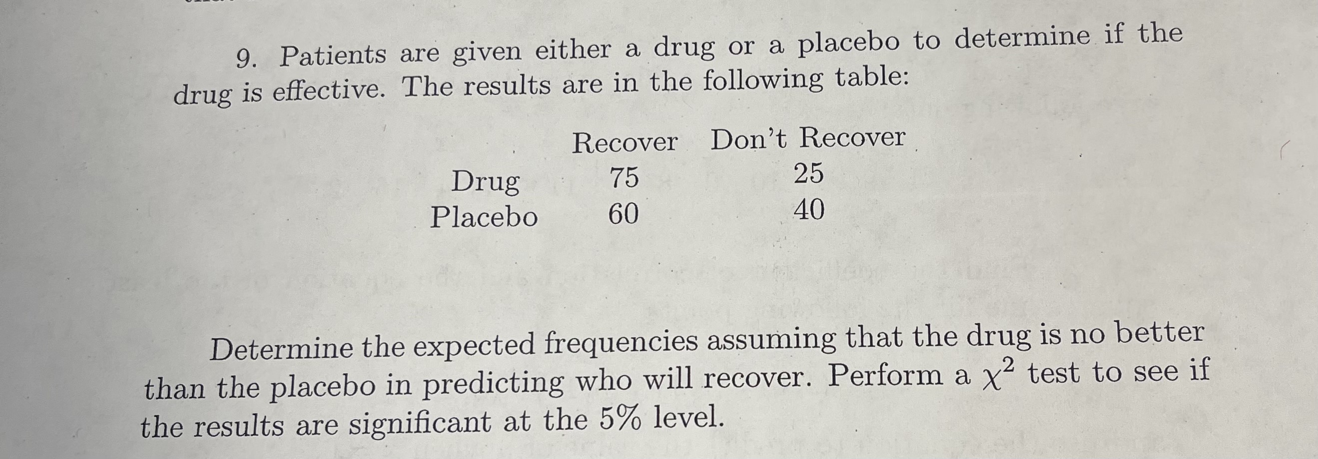 Solved 9. Patients are given either a drug or a placebo to | Chegg.com