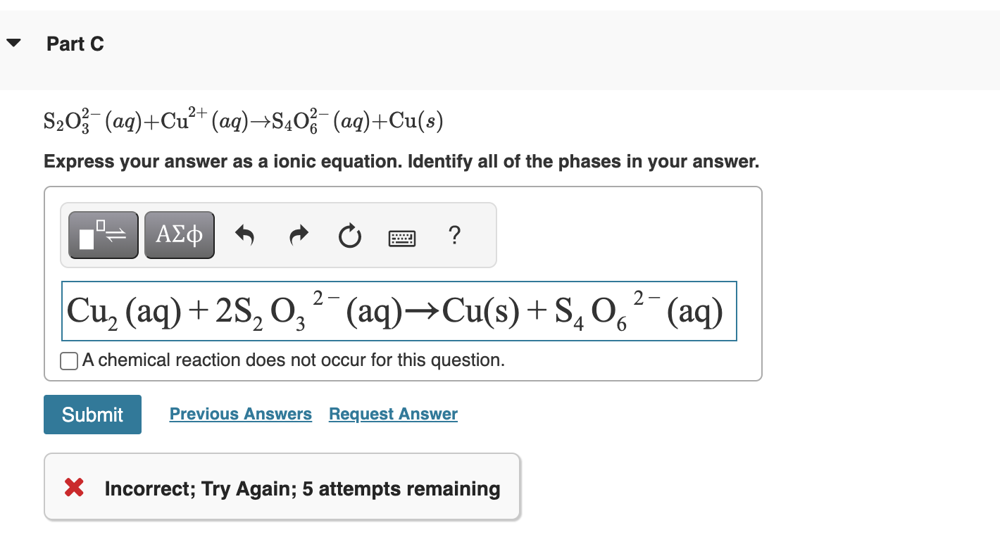 Solved S2O32−(aq)+Cu2+(aq)→S4O62−(aq)+Cu(s) Express your | Chegg.com