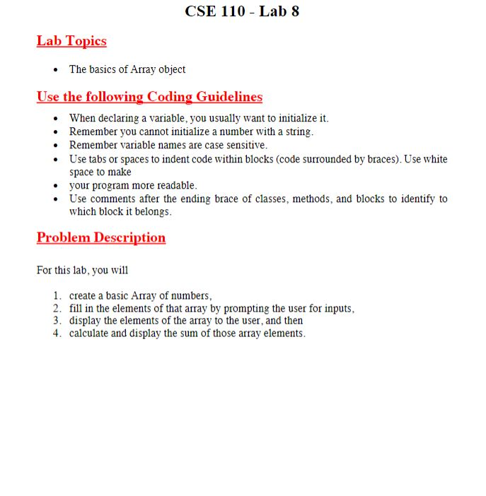 Solved CSE 110 - Lab 8 Lab Topics • The basics of Array | Chegg.com
