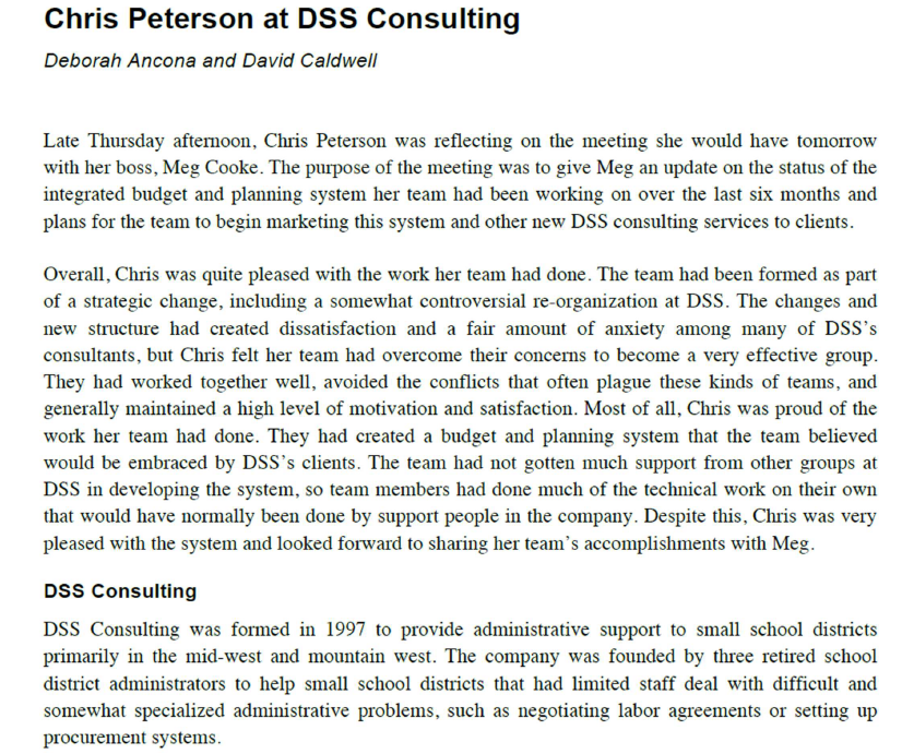 Solved Chris Peterson at DSS Consulting Deborah Ancona and | Chegg.com