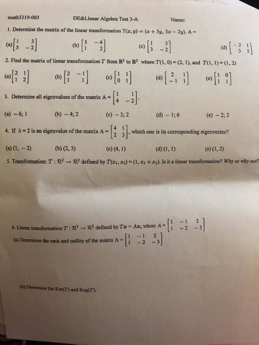 Solved math3319-003 DE&Linear Algebra Test 3-A Name: 1. | Chegg.com