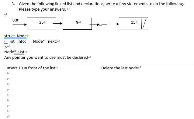 Solved 3. Given the following linked list and declarations, | Chegg.com