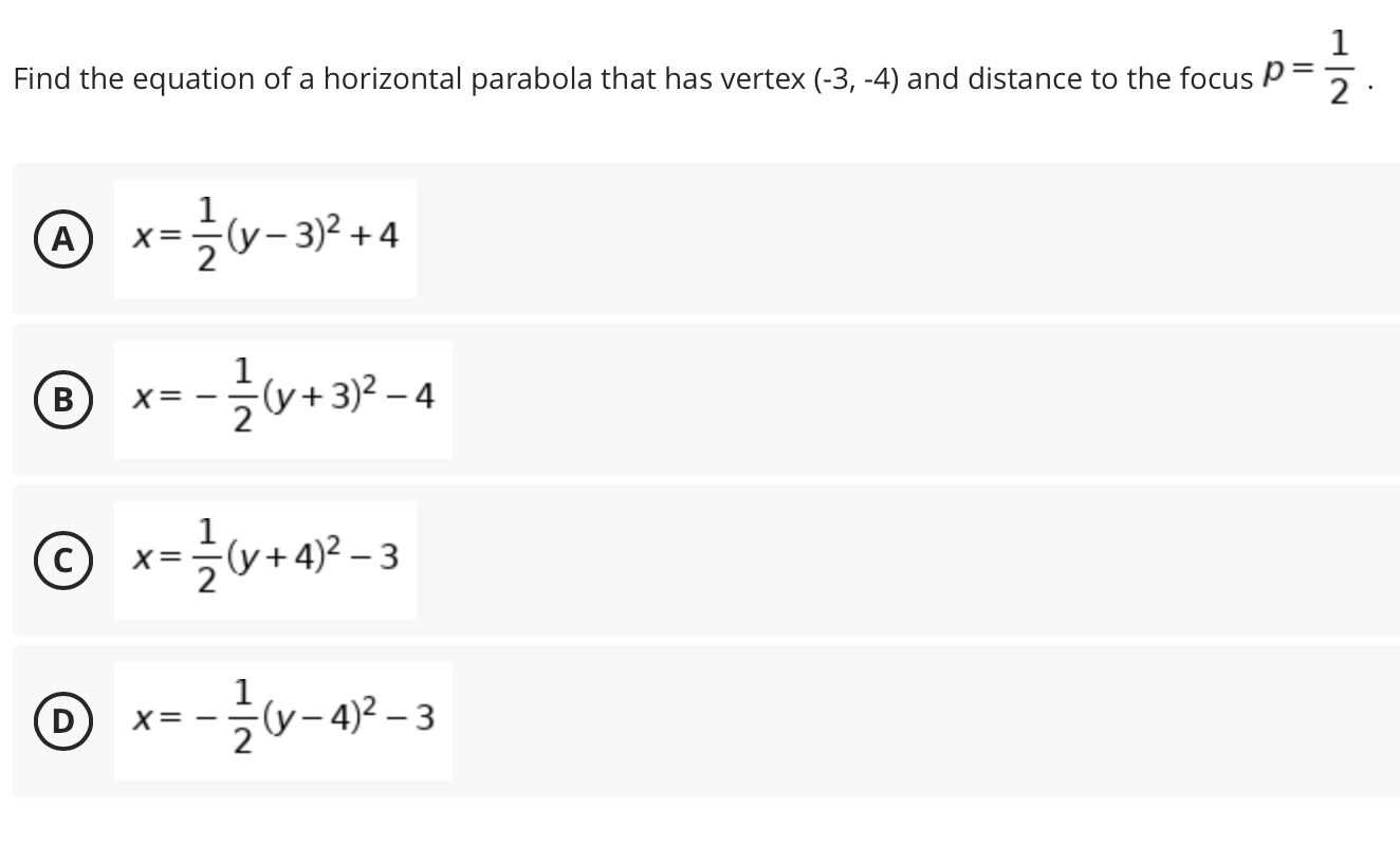 Solved Find the equation of a horizontal parabola that has | Chegg.com