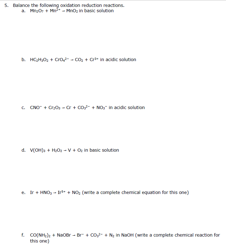 Solved Balance the following oxidation reduction | Chegg.com