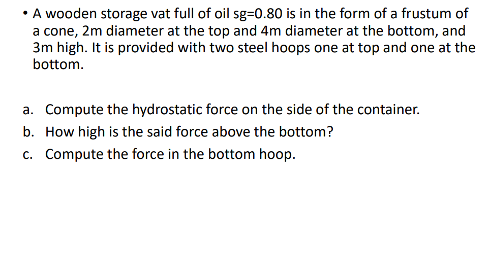 Solved - A wooden storage vat full of oil sg=0.80 is in the | Chegg.com