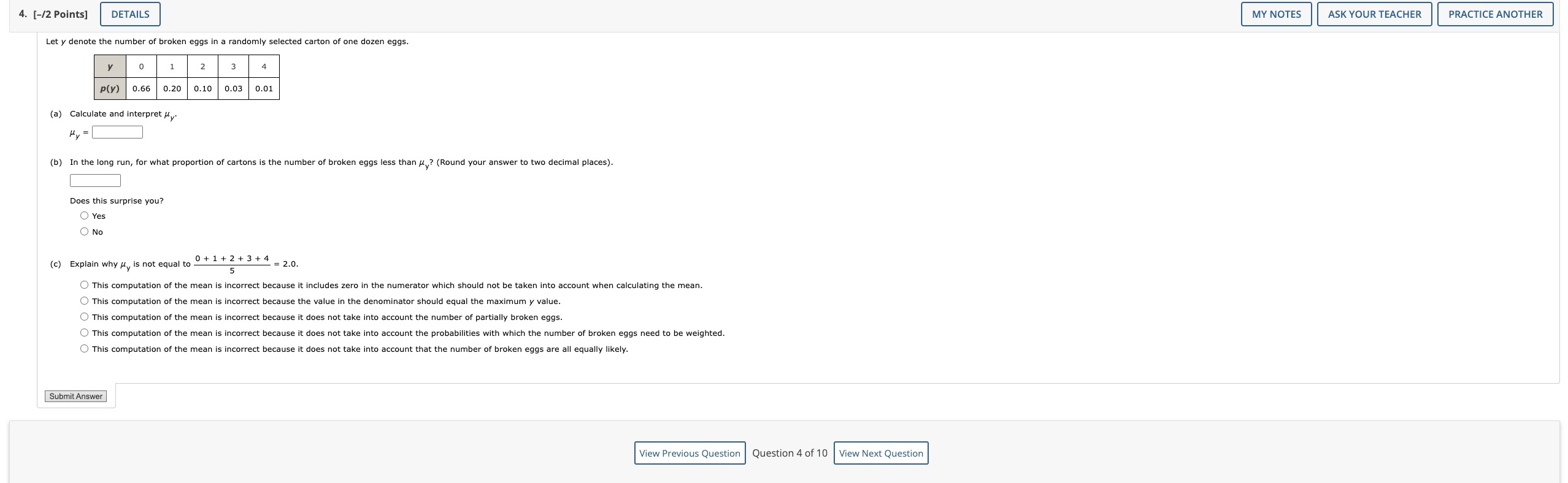 Solved Let y denote the number of broken eggs in a randomly | Chegg.com