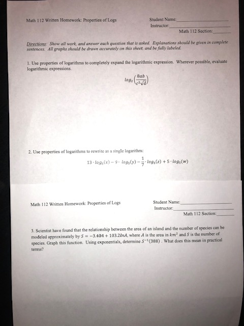 Solved Student Name: Instructor Math 112 Written Homework: | Chegg.com