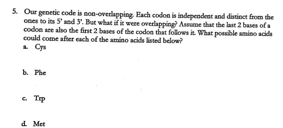 Solved 5. Our genetic code is non-overlapping. Each codon is | Chegg.com
