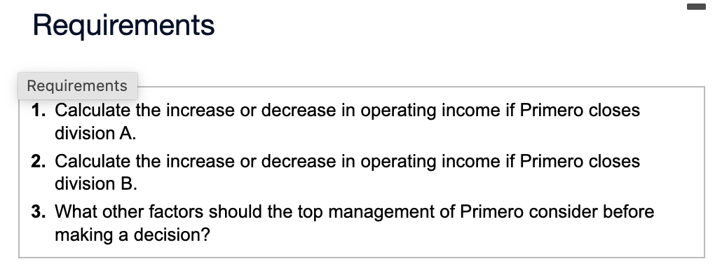 Solved Requirements 1. Calculate the increase or decrease in | Chegg.com