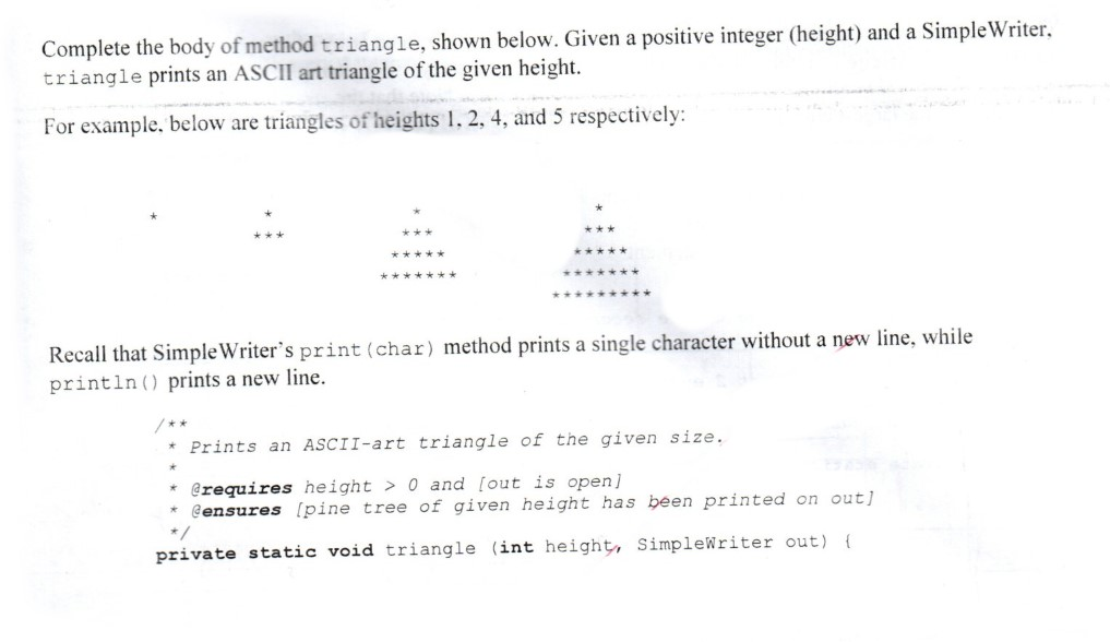 Solved Complete the body of method triangle, shown below. | Chegg.com