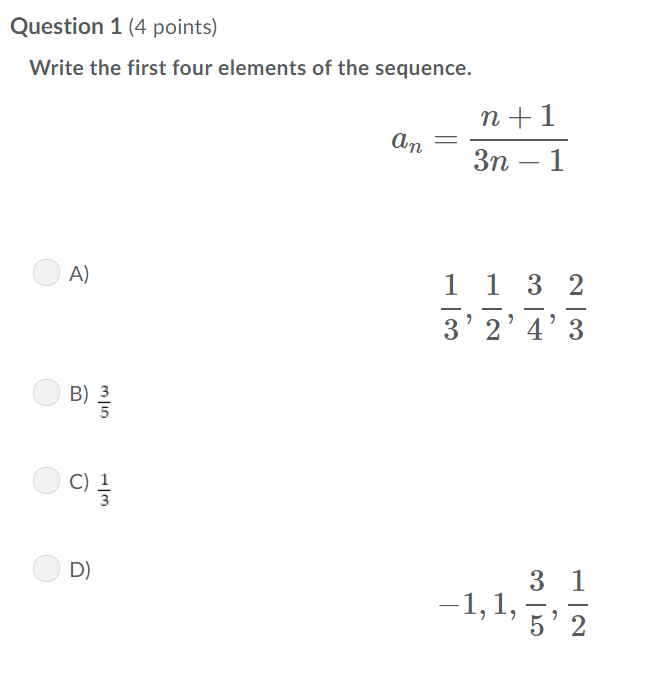 Solved Question 1 (4 points) Write the first four elements | Chegg.com