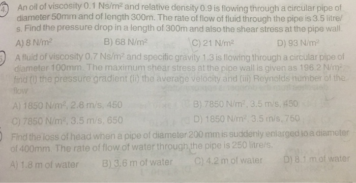 Solved An oil of viscosity 0.1 Ns/m^2 and relative density | Chegg.com