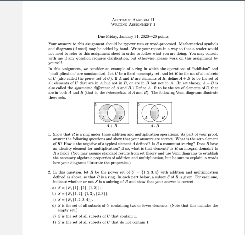 Solved ABSTRACT ALGEBRA II WRITING ASSIGNMENT 1 Due Friday, | Chegg.com