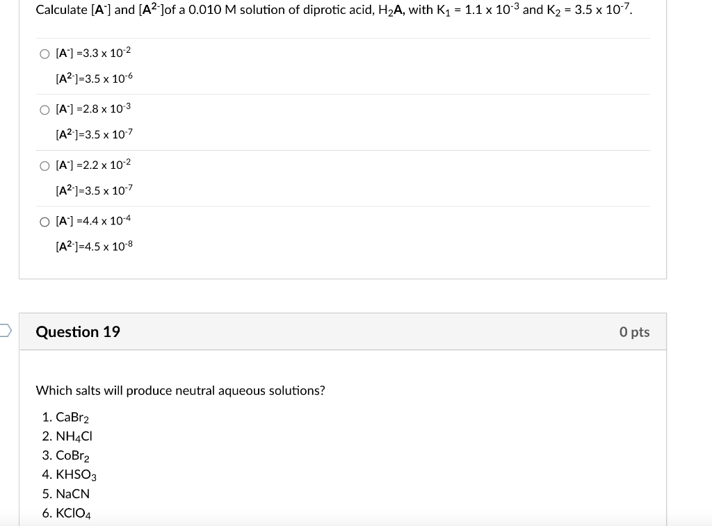 Solved Calculate [A−]and [A2−] of a 0.010M solution of | Chegg.com