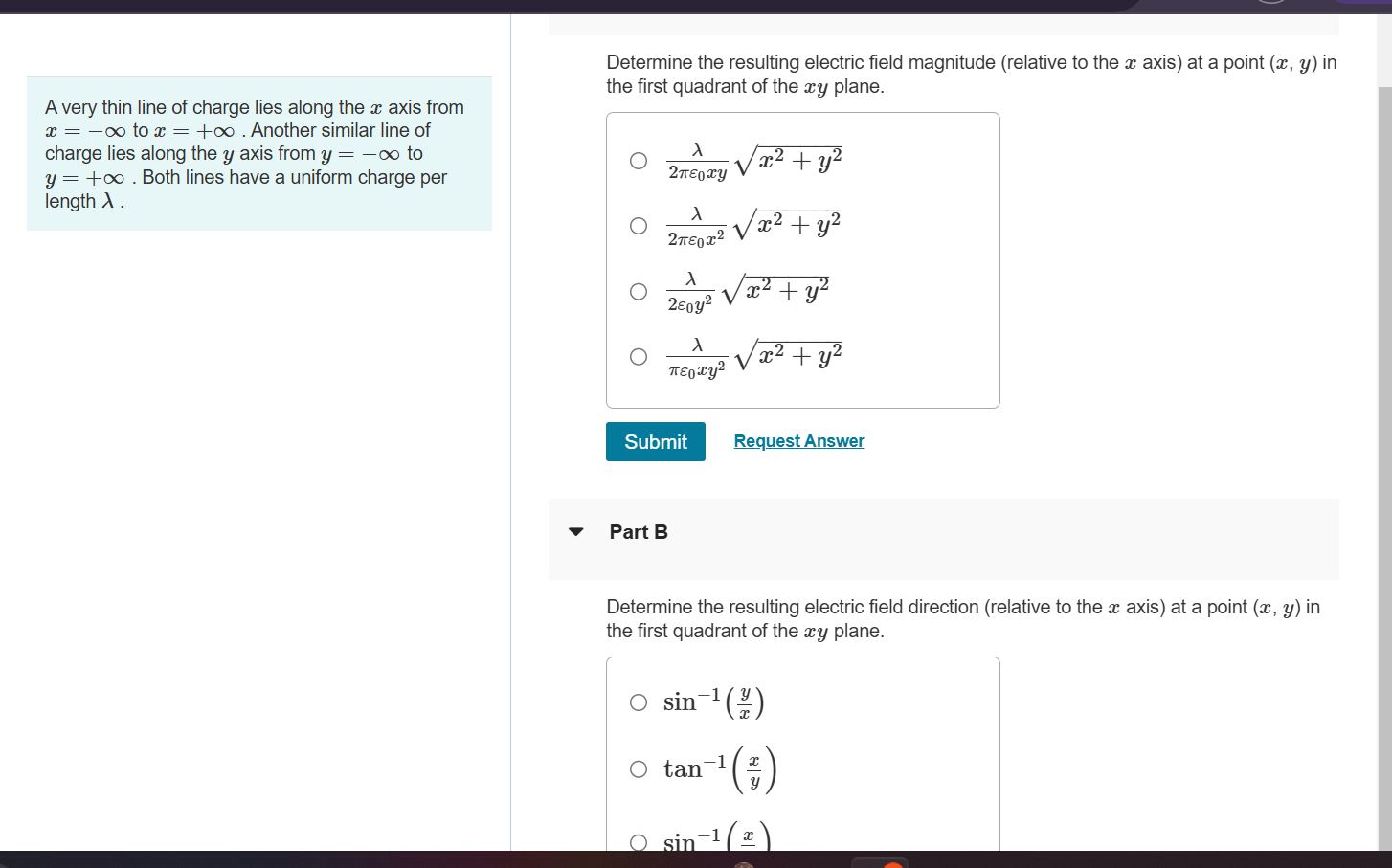Solved A very thin line of ﻿charge lies along the x ﻿axis | Chegg.com