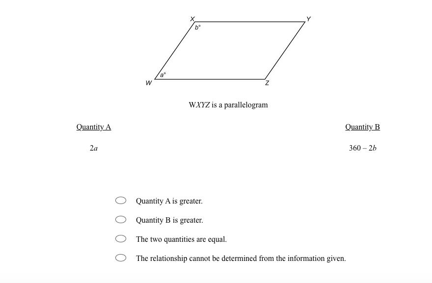 Solved WXYZ is a parallelogram Quantity A 2a Quantity A is | Chegg.com