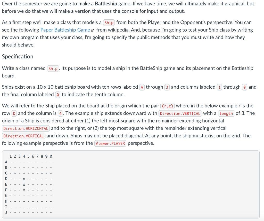 Over the semester we are going to make a Battleship | Chegg.com