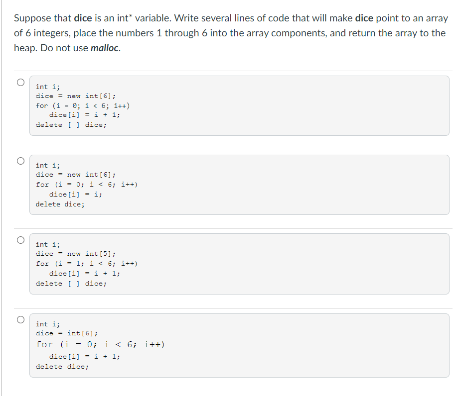 Solved Suppose that dice is an int* variable. Write several | Chegg.com