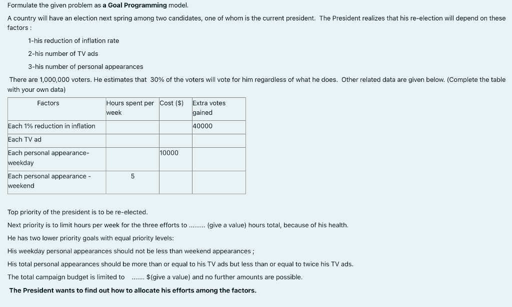 Solved Formulate the given problem as a Goal Programming | Chegg.com Solved Formulate the given problem as a Goal Programming | Chegg.com