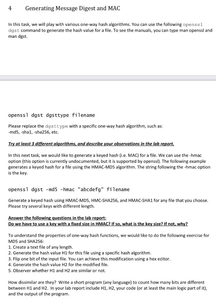 Solved 4 Generating Message Digest and MAC In this task, we | Chegg.com