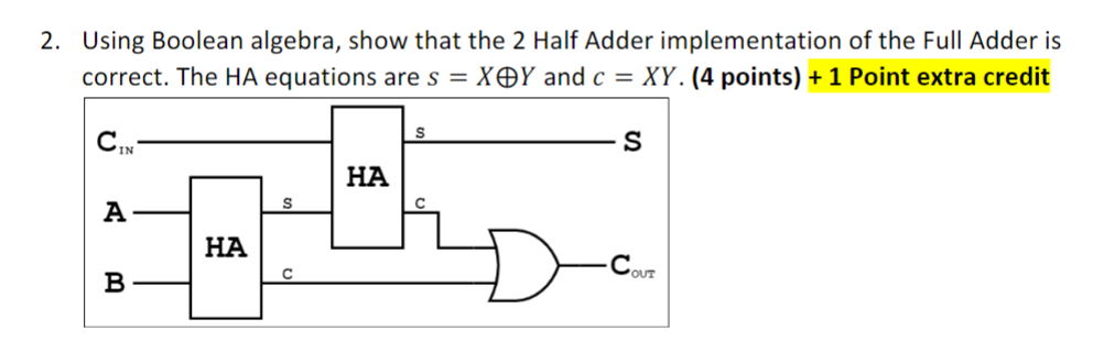 Solved 2. Using Boolean algebra, show that the 2 Half Adder | Chegg.com
