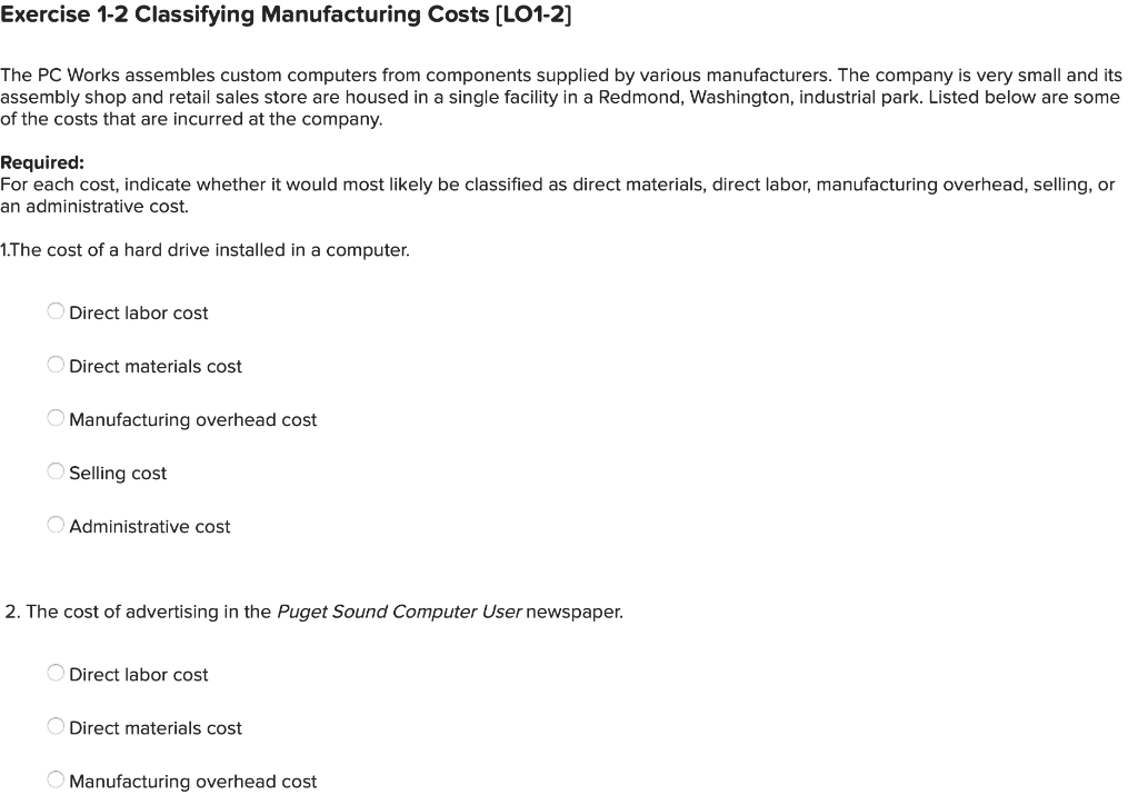 Solved Exercise 1-2 Classifying Manufacturing Costs (L01-2] | Chegg.com