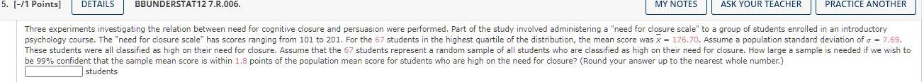 Solved 5. (-/1 Points] DETAILS BBUNDERSTAT12 7.R.006. MY | Chegg.com