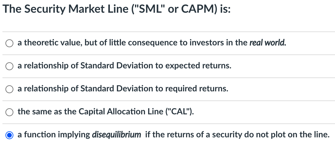 Solved The Security Market Line ("SML" or CAPM) is: a | Chegg.com