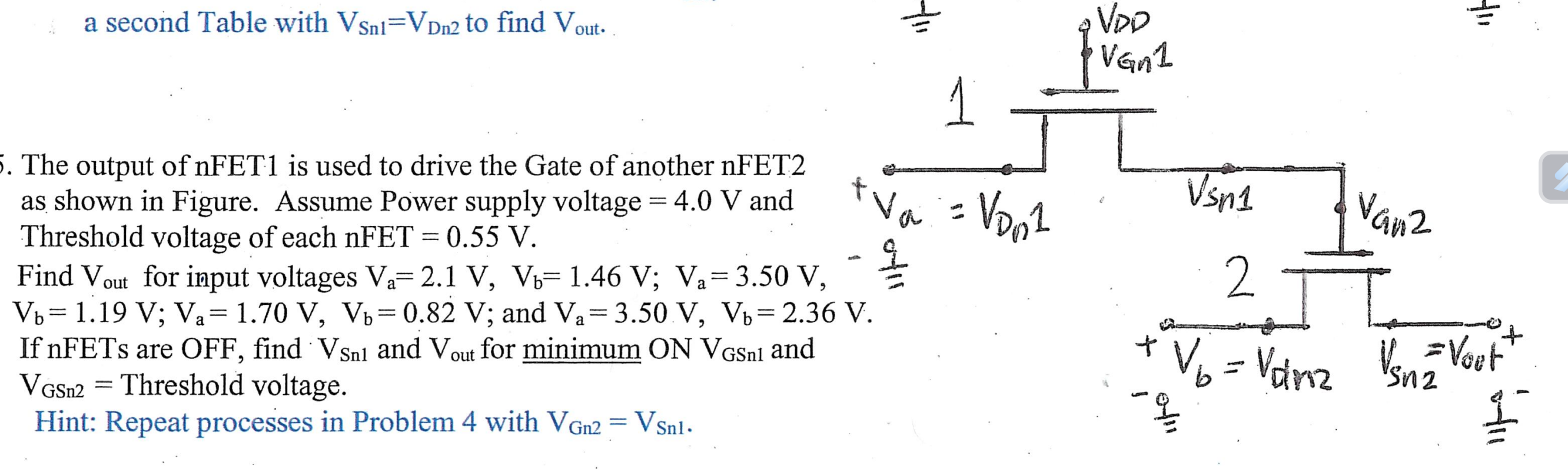 Solved a second Table with VSn1=VDn2 to find Vout. 5. The | Chegg.com
