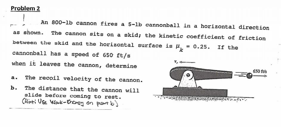 Solved Problem 2 An 800-lb cannon fires a 5-lb cannonball in | Chegg.com