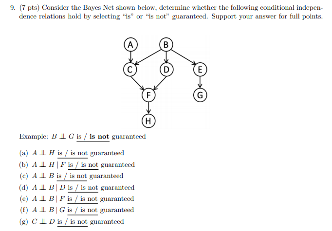 Solved 9. (7 pts) Consider the Bayes Net shown below, | Chegg.com