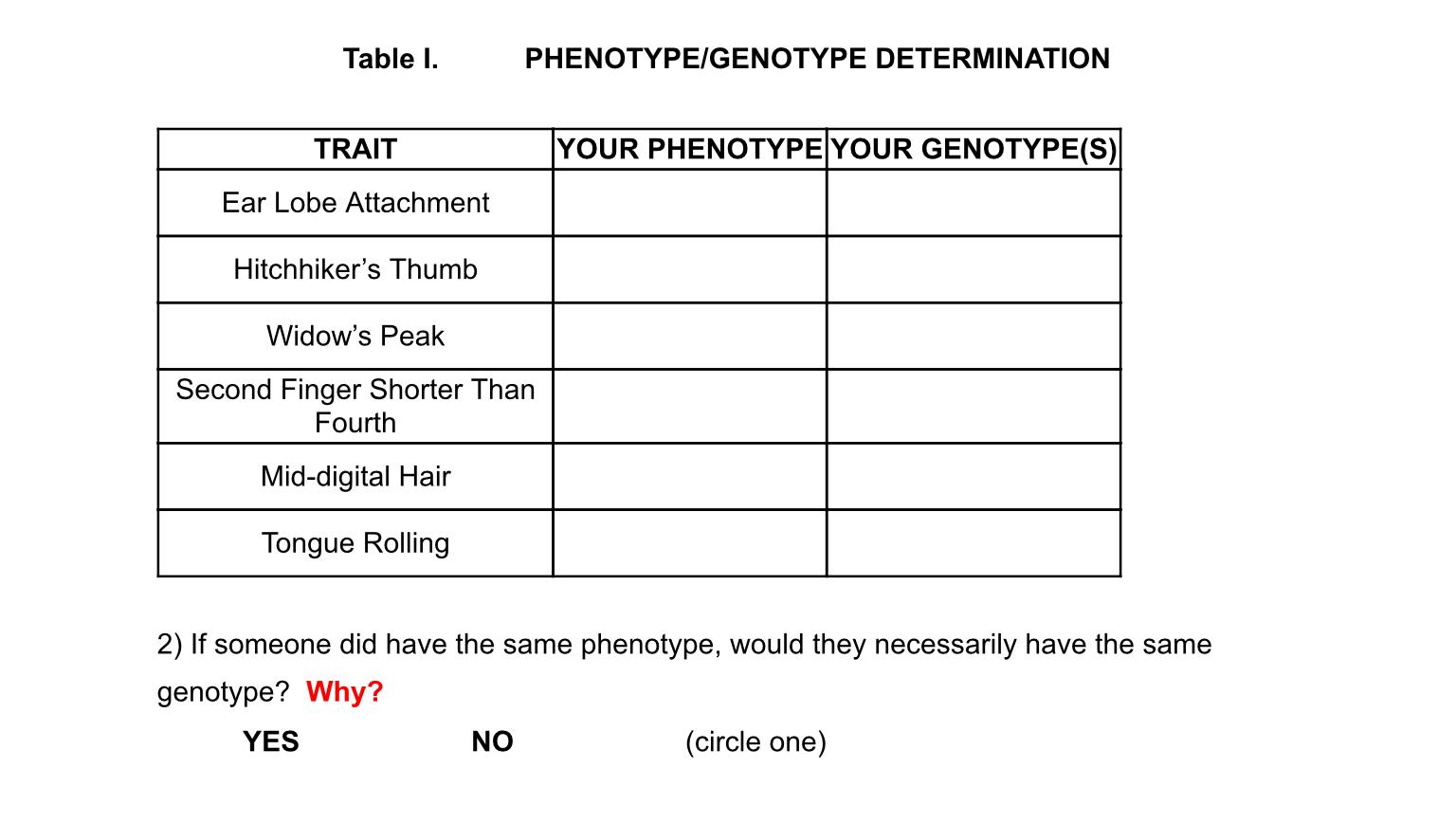 Solved Table I. PHENOTYPE/GENOTYPE DETERMINATION TRAIT YOUR | Chegg.com