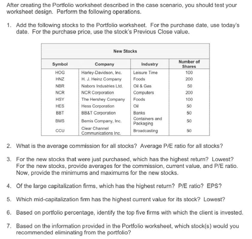 Solved After creating the Portfolio worksheet described in | Chegg.com