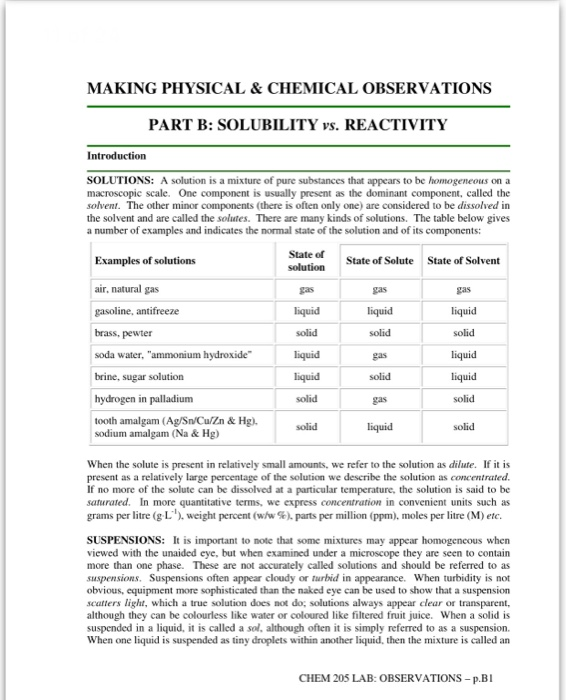 MAKING PHYSICAL & CHEMICAL OBSERVATIONS PART B: | Chegg.com