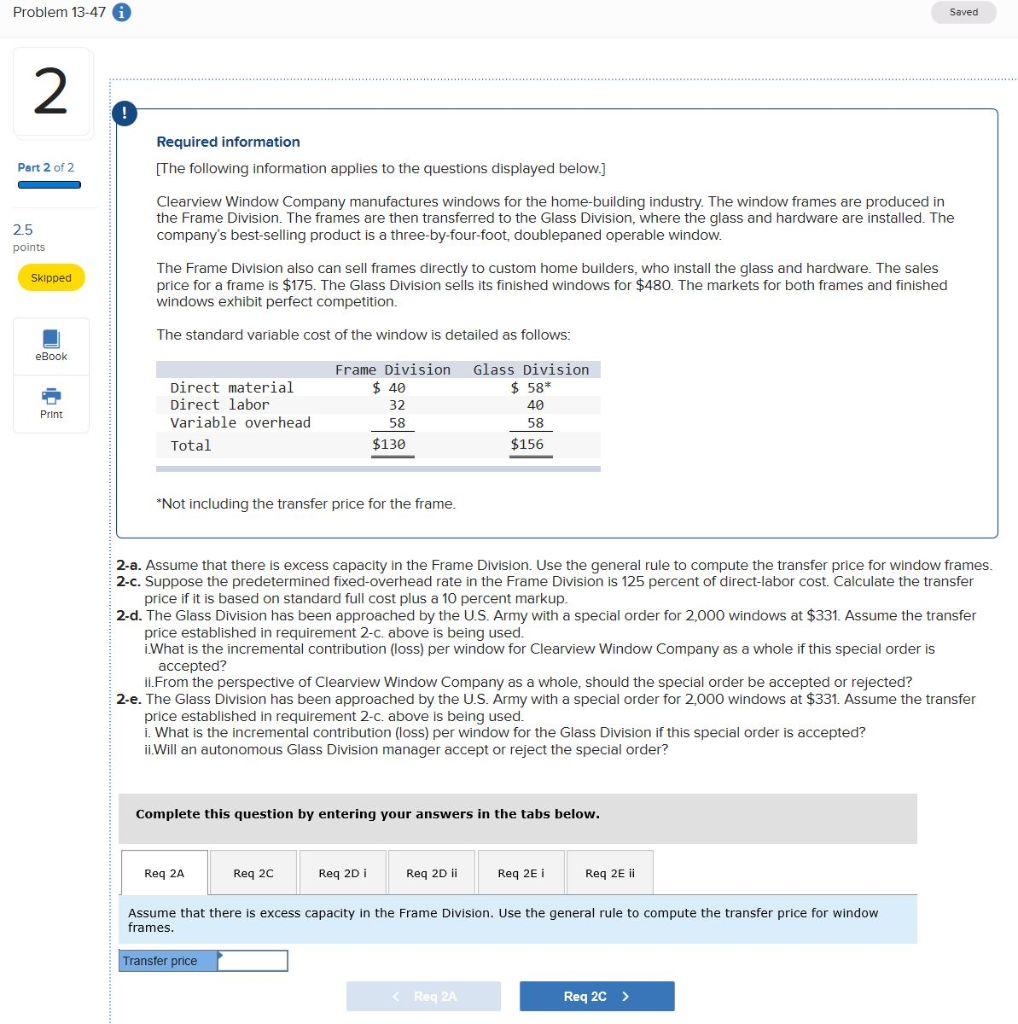 Solved Problem 13-47 A Saved 2 Part 2 of 2 Required | Chegg.com