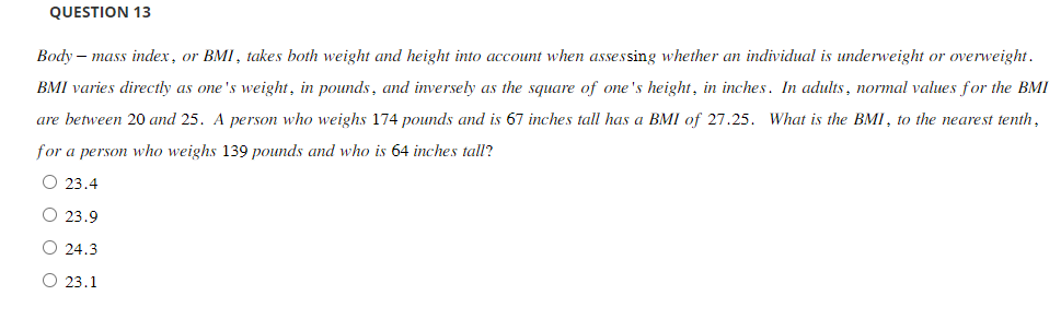 Solved Body - mass index, or BMI, takes both weight and | Chegg.com