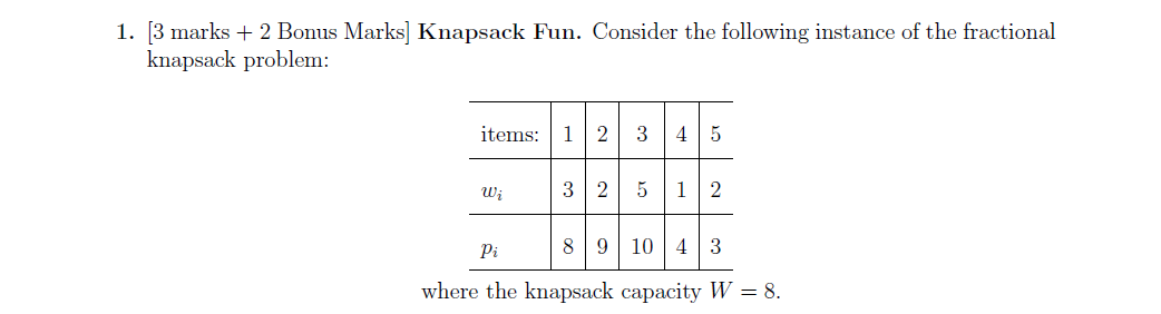 Solved 1. [3 marks + 2 Bonus Marks) Knapsack Fun. Consider | Chegg.com