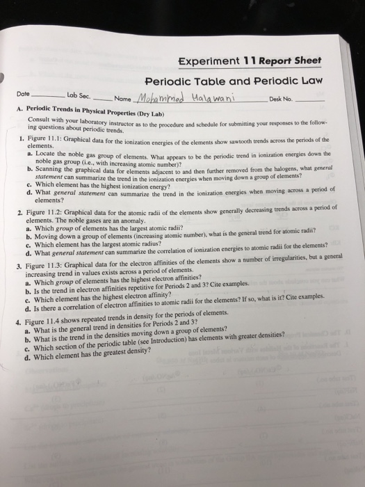 Solved Experiment 11 Report Sheet Periodic Table and | Chegg.com