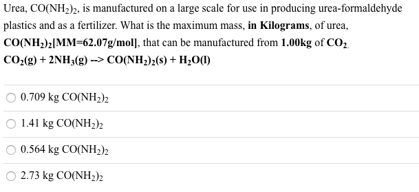 Solved Urea, CO(NH2)2, is manufactured on a large scale for | Chegg.com